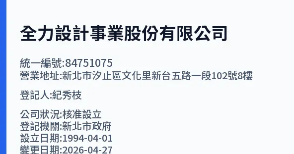 全力設計事業股份有限公司的照片-統編 84751075(新北市) 公司登記資料與營業項目詳細圖表