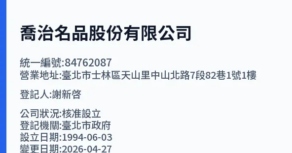 喬治名品股份有限公司的照片-統編 84762087(臺北市) 公司登記資料與營業項目詳細圖表