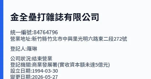 金全壘打雜誌有限公司的照片-統編 84764796(新竹縣) 公司登記資料與營業項目詳細圖表