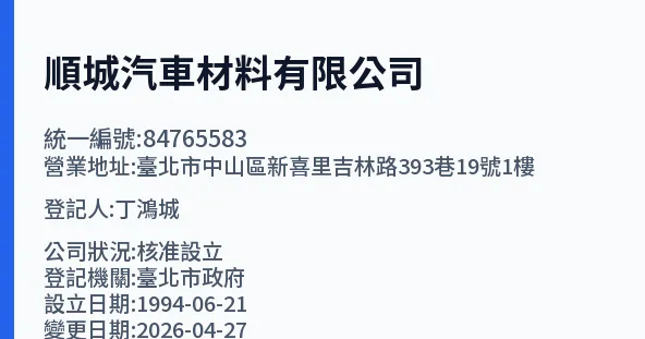 順城汽車材料有限公司的照片-統編 84765583(臺北市) 公司登記資料與營業項目詳細圖表