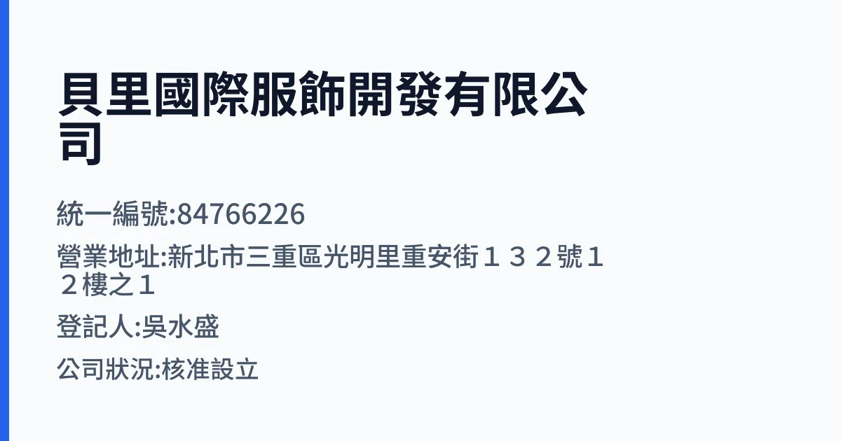 貝里國際服飾開發有限公司 - 統編 84766226(新北市) 公司登記資料與營業項目詳細圖表