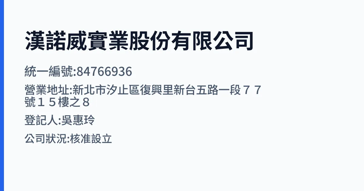 漢諾威實業股份有限公司 - 統編 84766936(新北市) 公司登記資料與營業項目詳細圖表