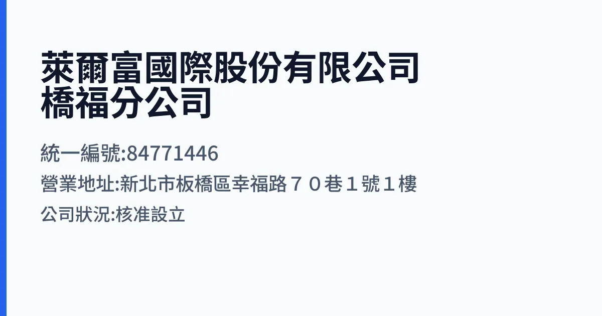 萊爾富國際股份有限公司橋福分公司 - 統編 84771446(新北市) 公司登記資料與營業項目詳細圖表