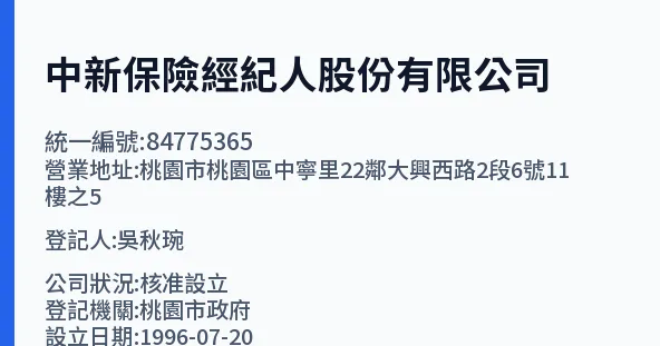 中新保險經紀人股份有限公司的照片-統編 84775365(桃園市) 公司登記資料與營業項目詳細圖表