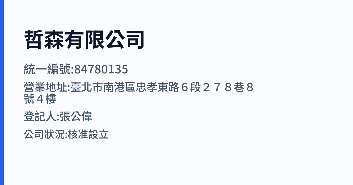 哲森有限公司 - 統編 84780135(臺北市) 公司登記資料與營業項目詳細圖表