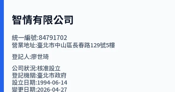 智情有限公司的照片-統編 84791702(臺北市) 公司登記資料與營業項目詳細圖表