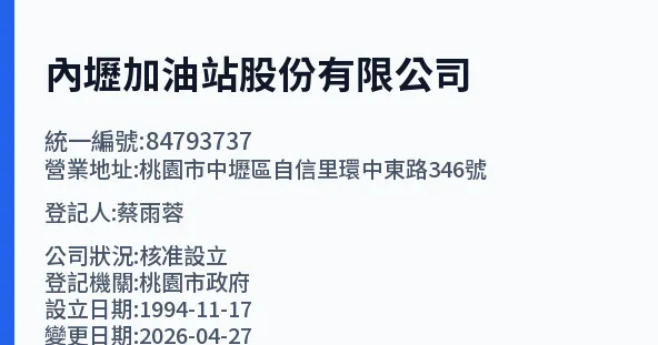 內壢加油站股份有限公司的照片-統編 84793737(桃園市) 公司登記資料與營業項目詳細圖表