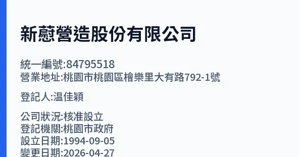 新藯營造股份有限公司的照片-統編 84795518(桃園市) 公司登記資料與營業項目詳細圖表