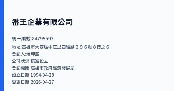 番王企業有限公司的照片-統編 84795593(高雄市) 公司登記資料與營業項目詳細圖表