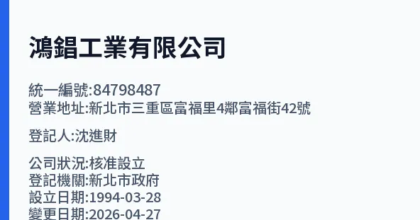 鴻錩工業有限公司的照片-統編 84798487(新北市) 公司登記資料與營業項目詳細圖表