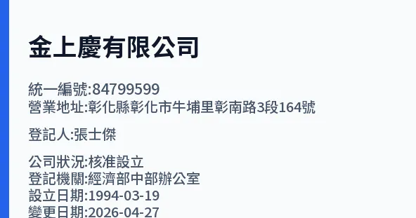 金上慶有限公司的照片-統編 84799599(彰化縣) 公司登記資料與營業項目詳細圖表