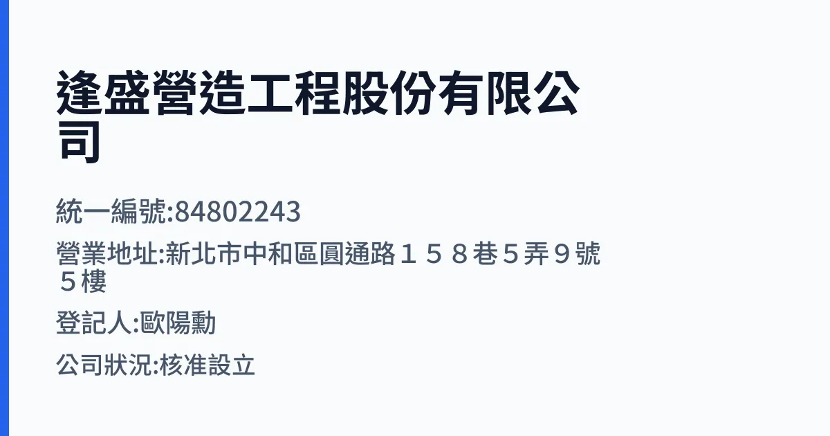 逢盛營造工程股份有限公司 - 統編 84802243(新北市) 公司登記資料與營業項目詳細圖表