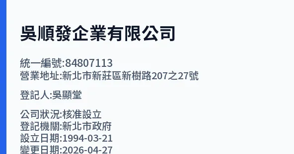吳順發企業有限公司的照片-統編 84807113(新北市) 公司登記資料與營業項目詳細圖表