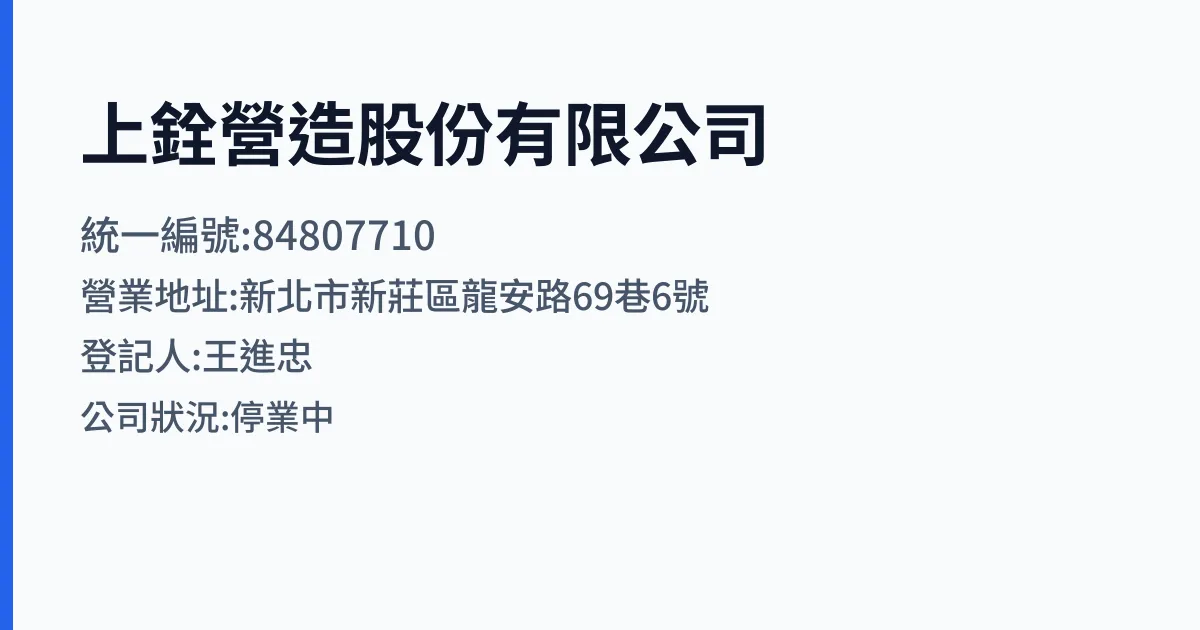 上銓營造股份有限公司 - 統編 84807710(新北市) 公司登記資料與營業項目詳細圖表