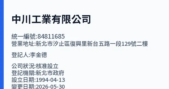 中川工業有限公司的照片-統編 84811685(新北市) 公司登記資料與營業項目詳細圖表