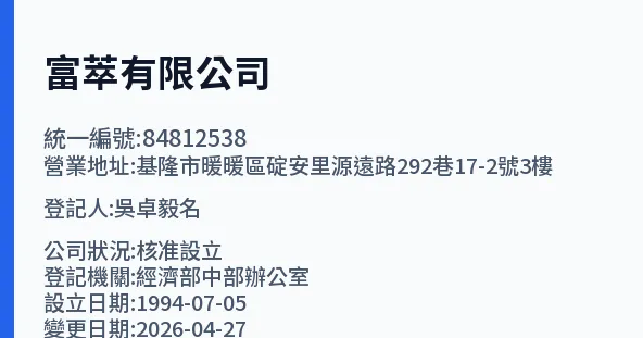 富萃有限公司的照片-統編 84812538(基隆市) 公司登記資料與營業項目詳細圖表