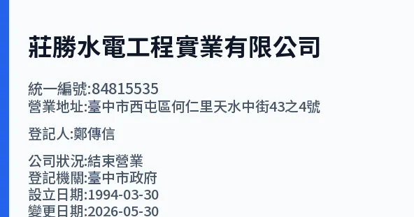 莊勝水電工程實業有限公司的照片-統編 84815535(臺中市) 公司登記資料與營業項目詳細圖表