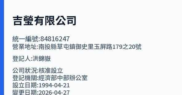 吉瑩有限公司的照片-統編 84816247(南投縣) 公司登記資料與營業項目詳細圖表