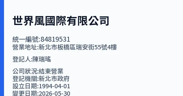 世界風國際有限公司的照片-統編 84819531(新北市) 公司登記資料與營業項目詳細圖表