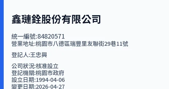 鑫璉銓股份有限公司的照片-統編 84820571(桃園市) 公司登記資料與營業項目詳細圖表