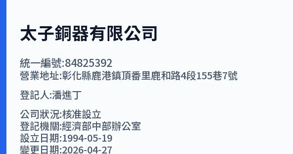 太子銅器有限公司的照片-統編 84825392(彰化縣) 公司登記資料與營業項目詳細圖表