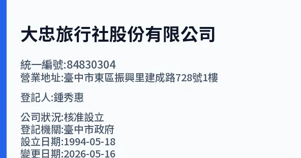 大忠旅行社股份有限公司的照片-統編 84830304(臺中市) 公司登記資料與營業項目詳細圖表