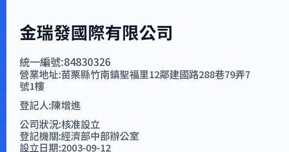金瑞發國際有限公司的照片-統編 84830326(苗栗縣) 公司登記資料與營業項目詳細圖表