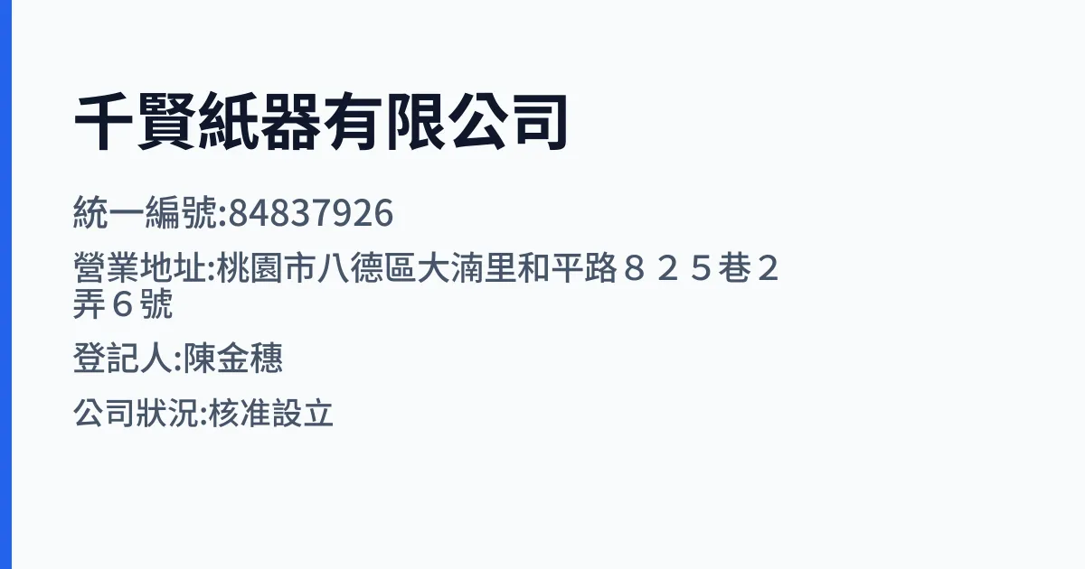 千賢紙器有限公司 - 統編 84837926(桃園市) 公司登記資料與營業項目詳細圖表
