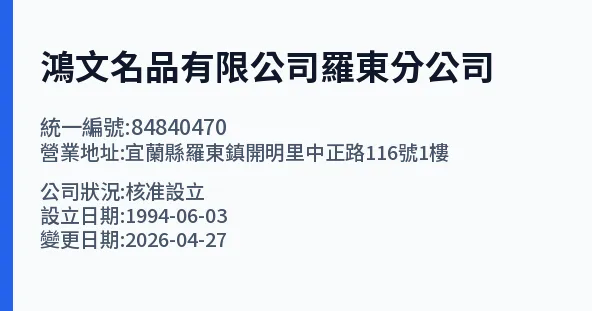 鴻文名品有限公司羅東分公司的照片-統編 84840470(宜蘭縣) 公司登記資料與營業項目詳細圖表