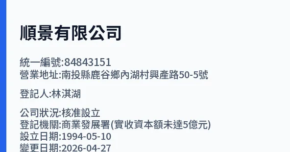 順景有限公司的照片-統編 84843151(南投縣) 公司登記資料與營業項目詳細圖表