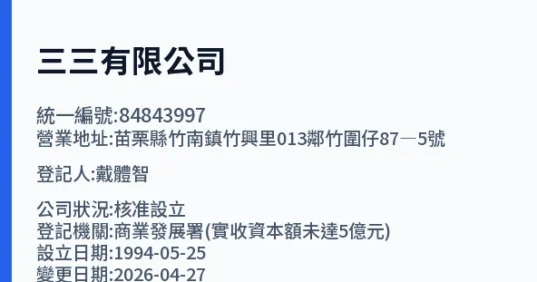 三三有限公司的照片-統編 84843997(苗栗縣) 公司登記資料與營業項目詳細圖表