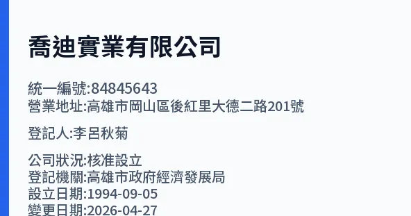 喬迪實業有限公司的照片-統編 84845643(高雄市) 公司登記資料與營業項目詳細圖表