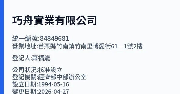 巧舟實業有限公司的照片-統編 84849681(苗栗縣) 公司登記資料與營業項目詳細圖表