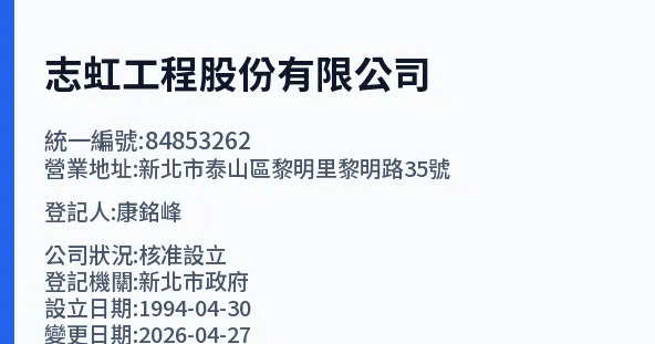 志虹工程股份有限公司的照片-統編 84853262(新北市) 公司登記資料與營業項目詳細圖表