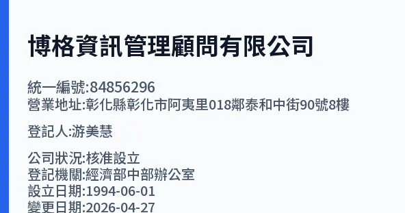 博格資訊管理顧問有限公司的照片-統編 84856296(彰化縣) 公司登記資料與營業項目詳細圖表