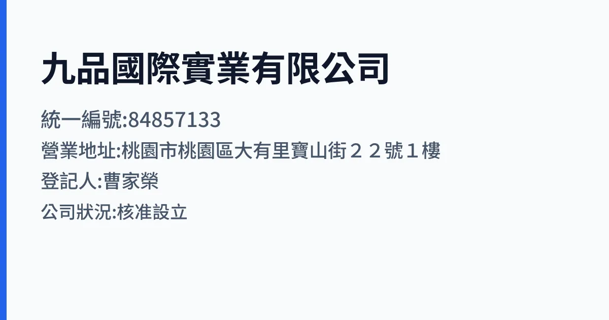 九品國際實業有限公司 - 統編 84857133(桃園市) 公司登記資料與營業項目詳細圖表