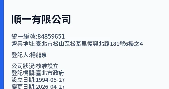 順一有限公司的照片-統編 84859651(臺北市) 公司登記資料與營業項目詳細圖表