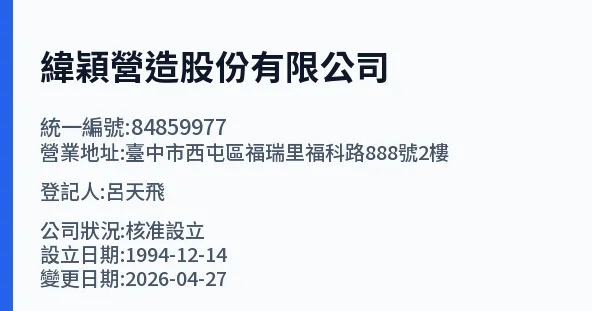 緯穎營造股份有限公司的照片-統編 84859977(臺中市) 公司登記資料與營業項目詳細圖表