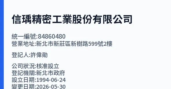 信瑀精密工業股份有限公司的照片-統編 84860480(新北市) 公司登記資料與營業項目詳細圖表