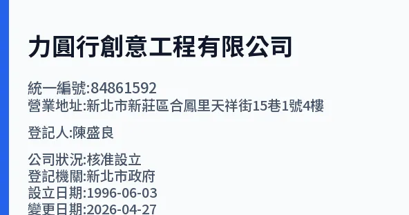 力圓行創意工程有限公司的照片-統編 84861592(新北市) 公司登記資料與營業項目詳細圖表