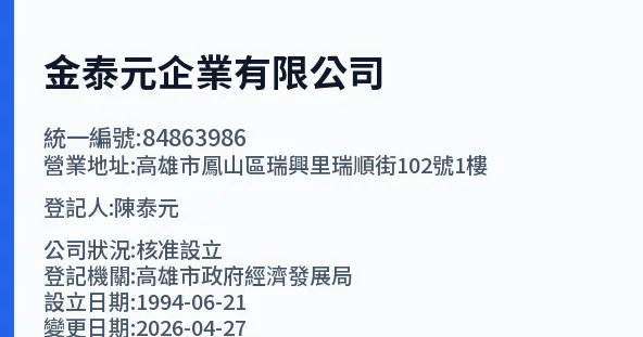 金泰元企業有限公司的照片-統編 84863986(高雄市) 公司登記資料與營業項目詳細圖表