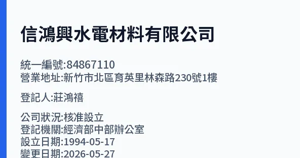 信鴻興水電材料有限公司的照片-統編 84867110(新竹市) 公司登記資料與營業項目詳細圖表