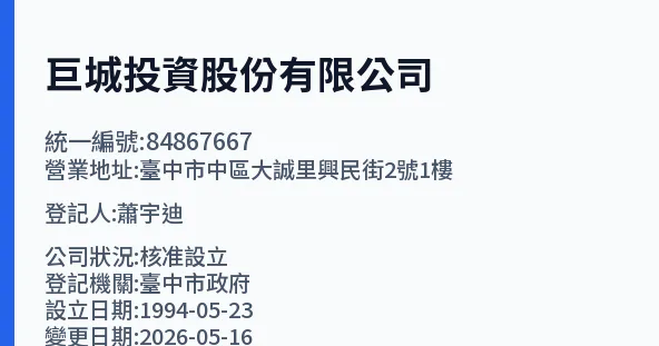巨城投資股份有限公司的照片-統編 84867667(臺中市) 公司登記資料與營業項目詳細圖表
