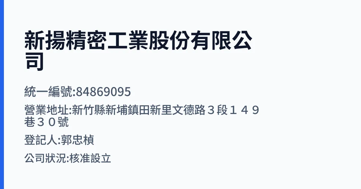 新揚精密工業股份有限公司 - 統編 84869095(新竹縣) 公司登記資料與營業項目詳細圖表