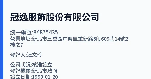 冠逸服飾股份有限公司的照片-統編 84875435(新北市) 公司登記資料與營業項目詳細圖表