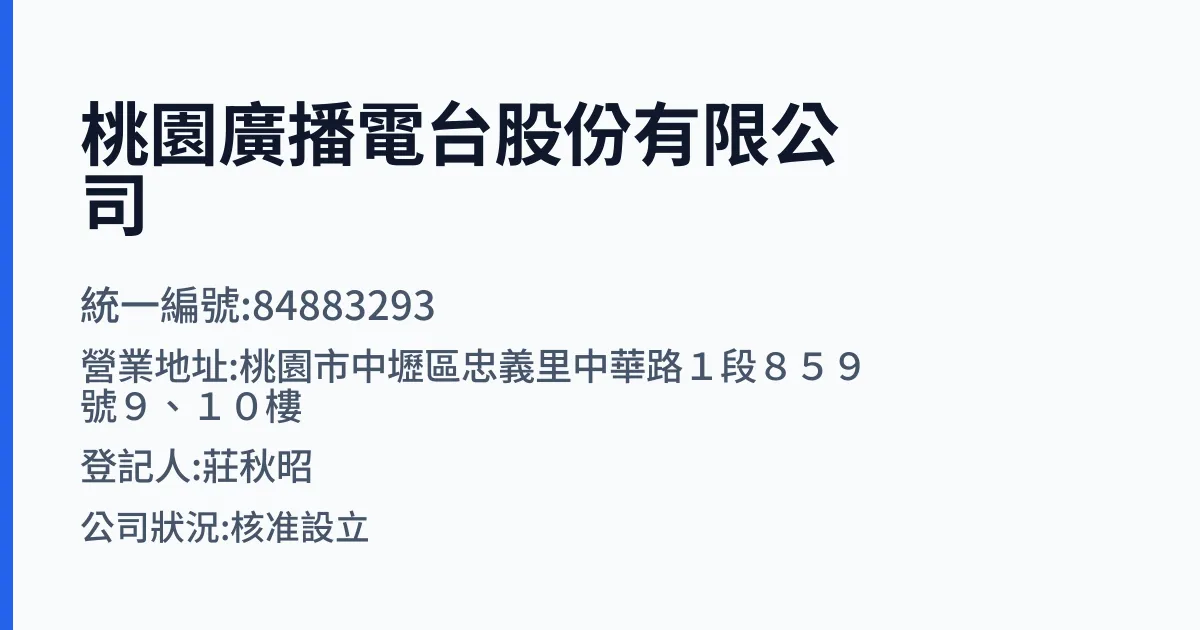 桃園廣播電台股份有限公司 - 統編 84883293(桃園市) 公司登記資料與營業項目詳細圖表