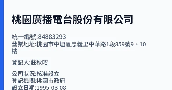 桃園廣播電台股份有限公司的照片-統編 84883293(桃園市) 公司登記資料與營業項目詳細圖表