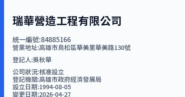 瑞華營造工程有限公司的照片-統編 84885166(高雄市) 公司登記資料與營業項目詳細圖表