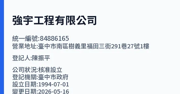 強宇工程有限公司的照片-統編 84886165(臺中市) 公司登記資料與營業項目詳細圖表