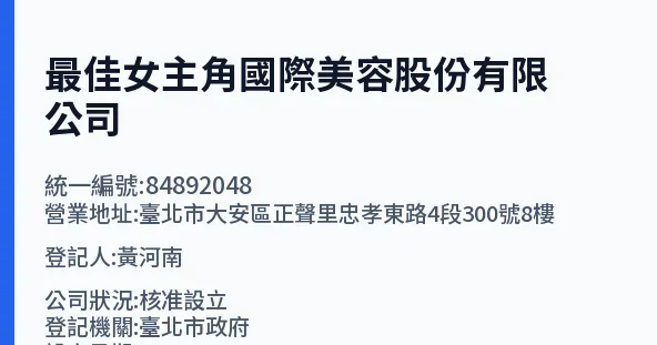 最佳女主角國際美容股份有限公司的照片-統編 84892048(臺北市) 公司登記資料與營業項目詳細圖表